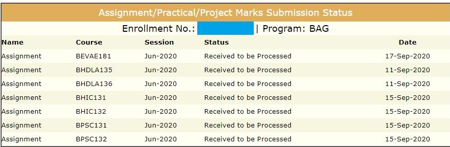 ignouonlines - IGNOU Assignment Status | Result, Enrollment no., Last ...